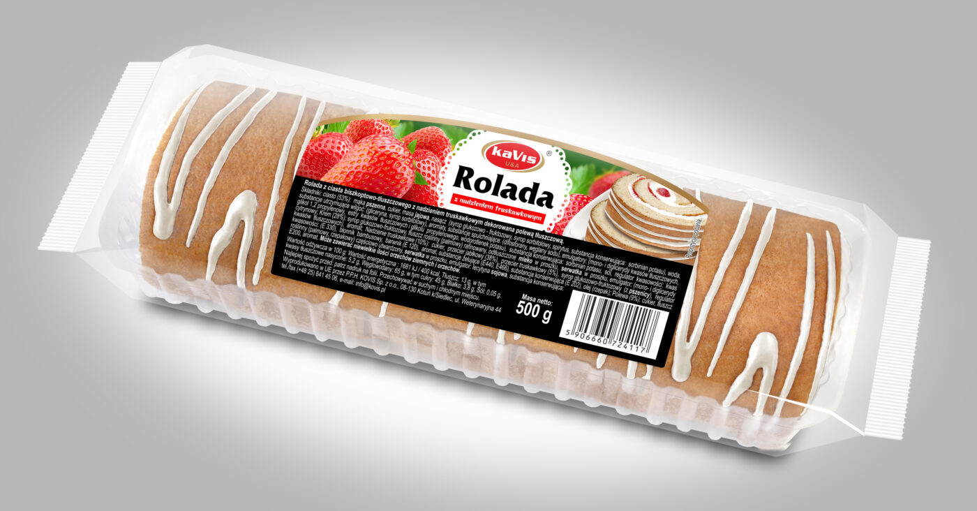 Rolada z nadzieniem truskawkowym i białą polewą 500 g - kaVis